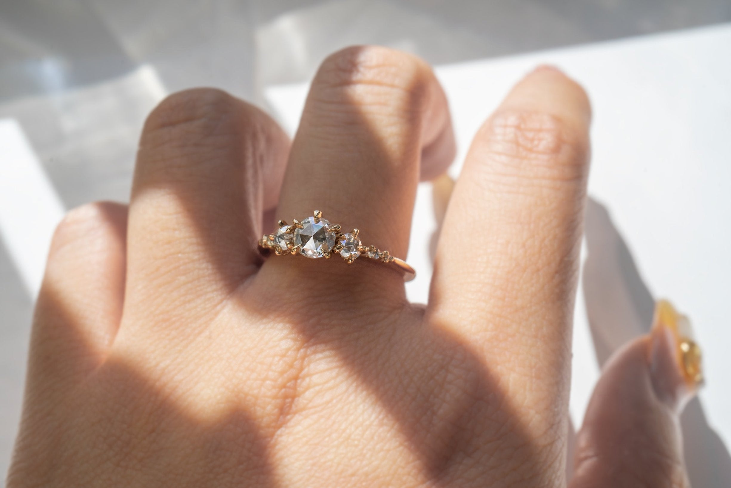 Romantic Rose Cut Diamond Three Stone Wild Iris Engagement Ring – Laurie Fleming Jewellery