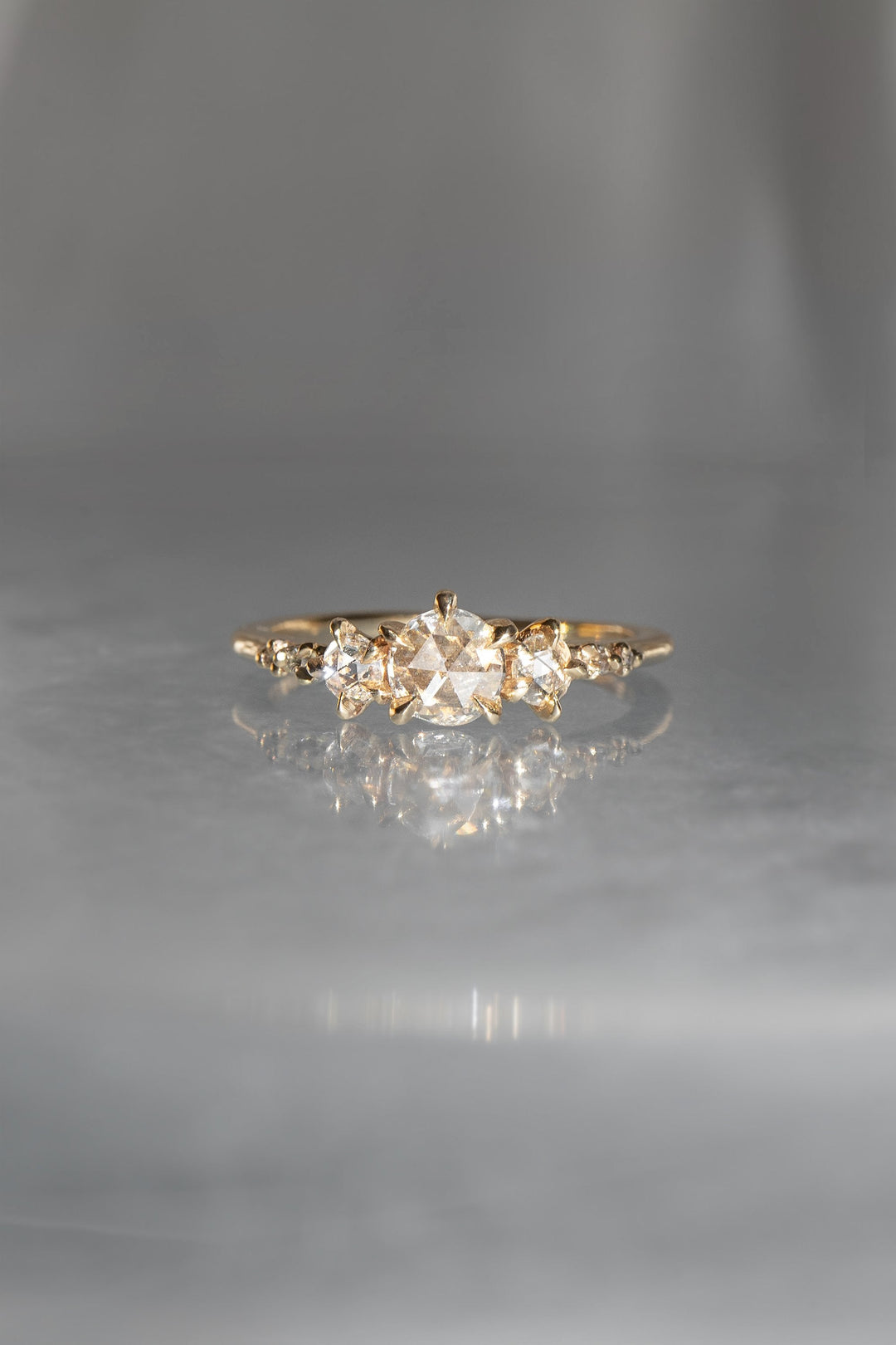 Romantic Rose Cut Diamond Three Stone Wild Iris Engagement Ring – Laurie Fleming Jewellery