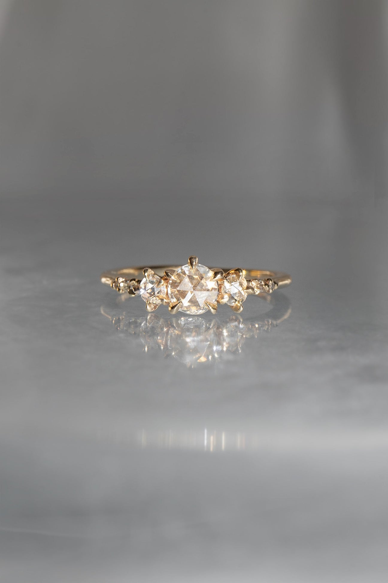 Romantic Rose Cut Diamond Three Stone Wild Iris Engagement Ring – Laurie Fleming Jewellery